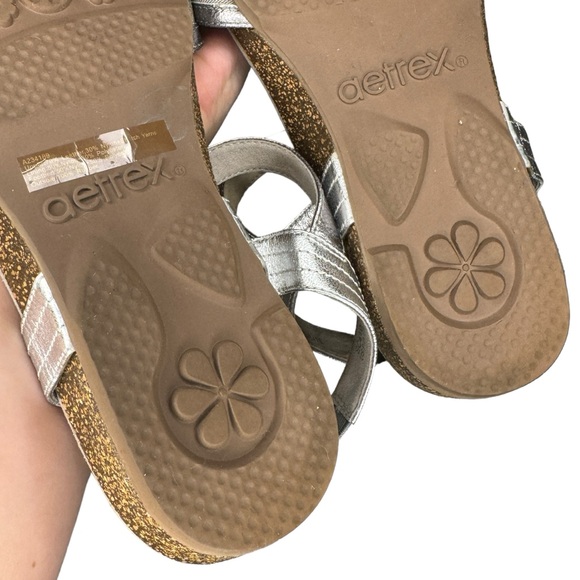 Aetrex | Shoes | Sandalistas By Aetrex Metallic Silver Leather And Mesh ...